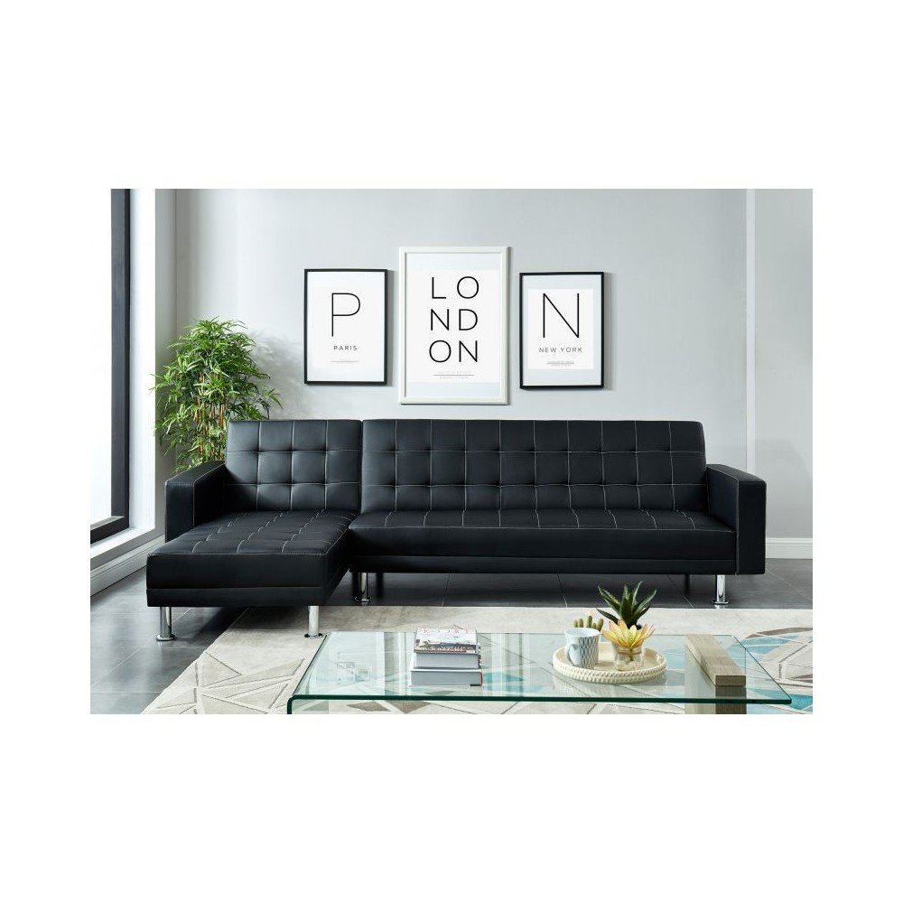 London - Sofa esquinero convertible cama estilo moderno con vinipiel negro y costuras blancas