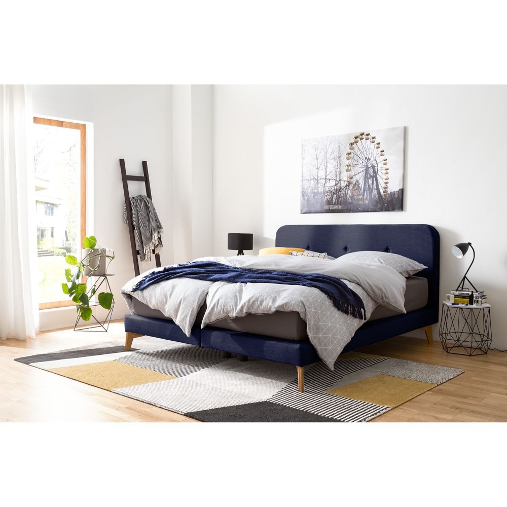 Rocca - Cama queen estilo moderno tela color azul marino